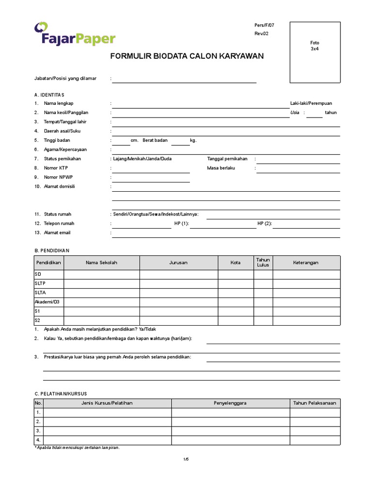 Form Biodata Calon Karyawan Rev 2 | PDF