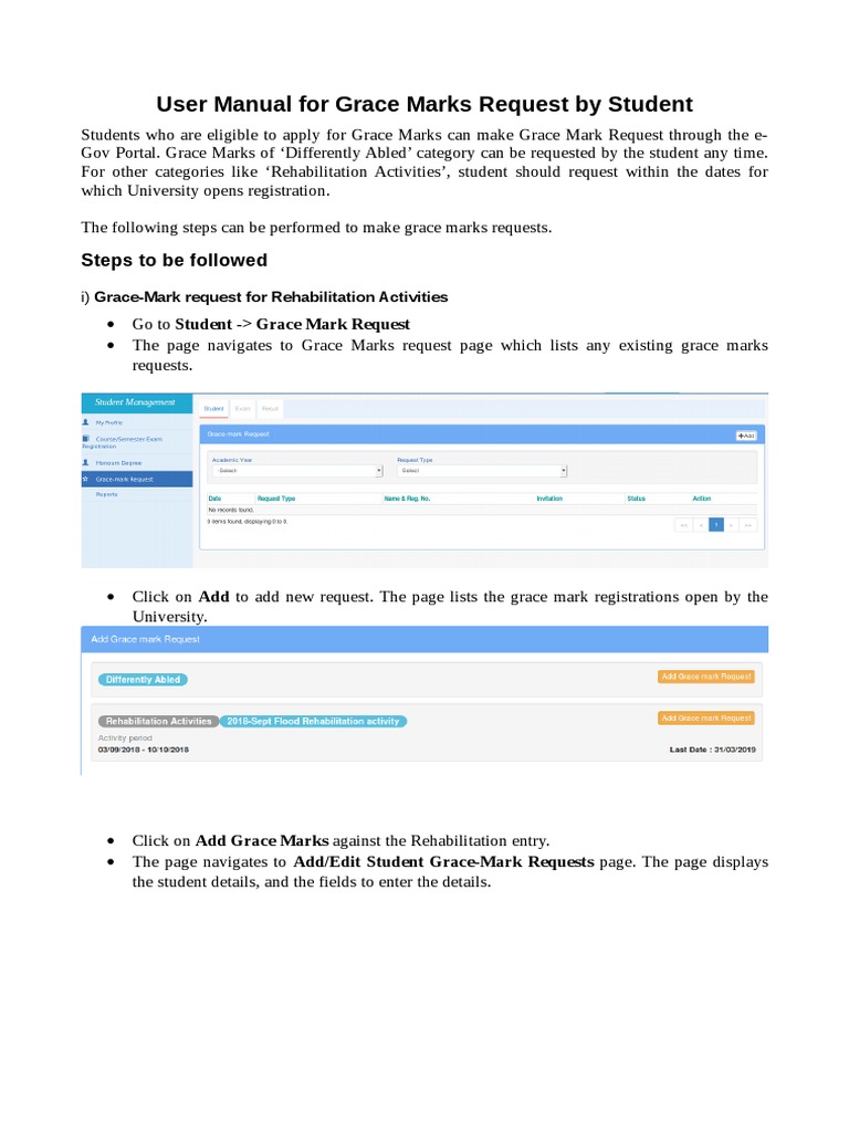 User Manual For Grace Marks Request by Student: Steps To Be Followed | PDF