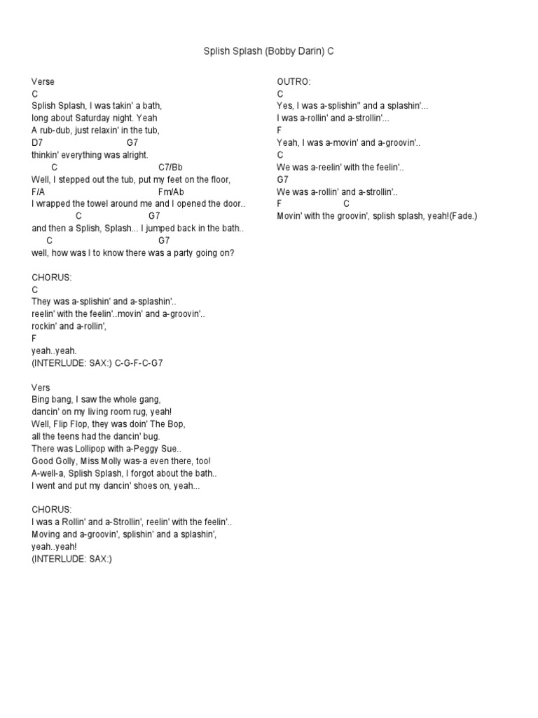 Splish Splash (Bobby Darin) C | PDF | Song Structure | Entertainment