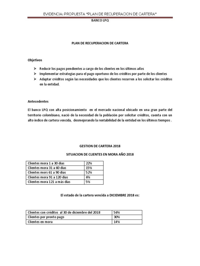 Evidencia 1 Plan de Recuperacion de Cartera | PDF | Bancos | Economias Evidencia 1 Plan de Recuperacion de Cartera | PDF | Bancos | Economias