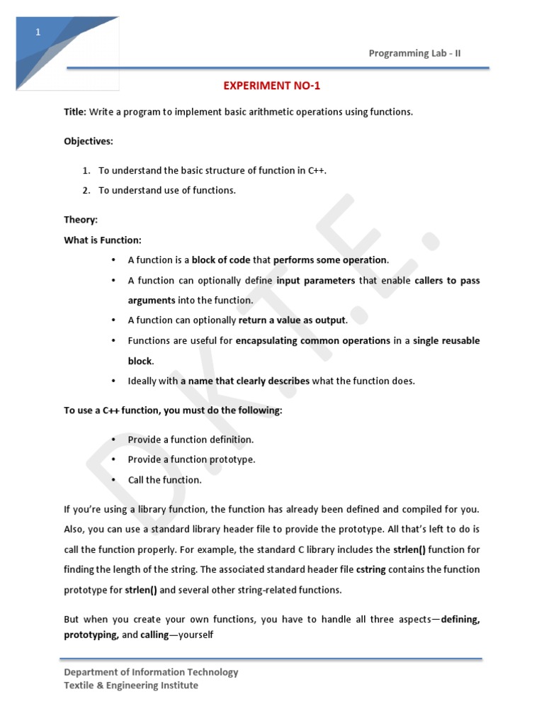 Experiment No 1 Title Write A Program To Implement Basic Arithmetic Operations Using Functions 6157