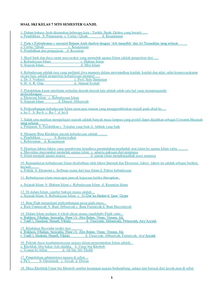 Soal Ski Kelas 7 Mts Semester Ganjil | PDF | Agama & Spiritualitas