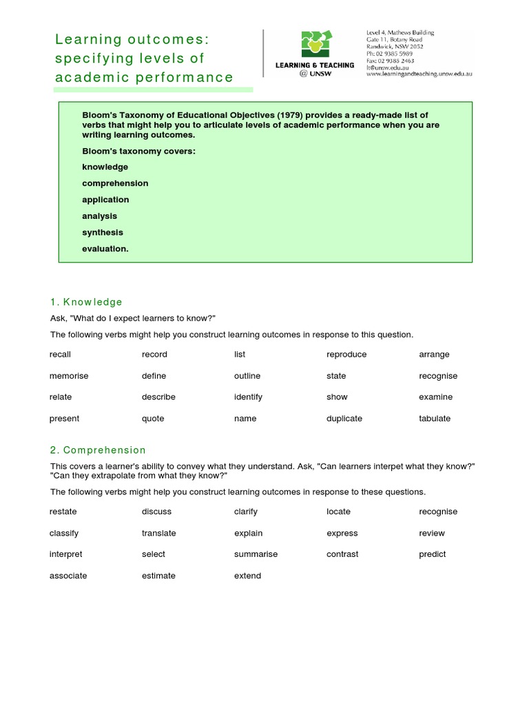 Learning Outcomes: Specifying Levels of Academic Performance | PDF ...