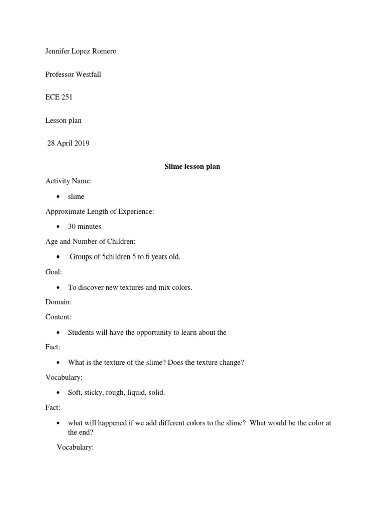 Slime Lesson Plan | Download Free PDF | Lesson Plan | Teaching