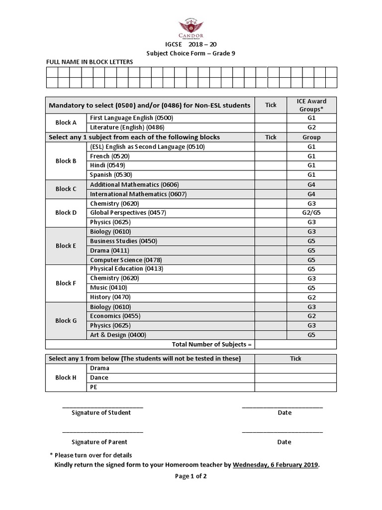 IGCSE Subject Choice Form for Grade 9 Students Outlines Course Options ...