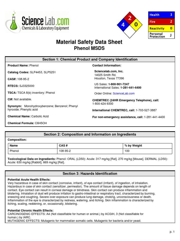 Material Safety Data Sheet: Phenol MSDS | PDF | Solubility | Toxicity