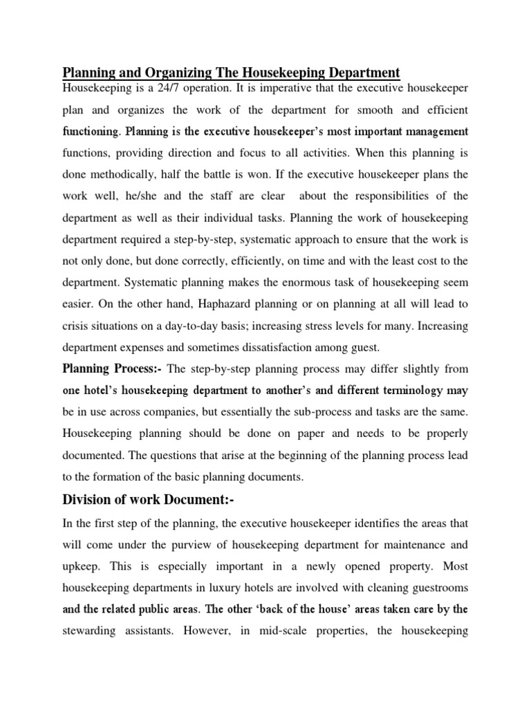 Planning and Organizing The Housekeeping Department | PDF ...