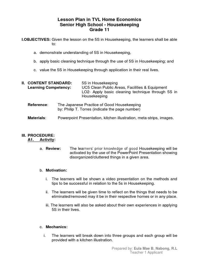 Lesson Plan in TVL Home Economics Senior High School - Housekeeping ...