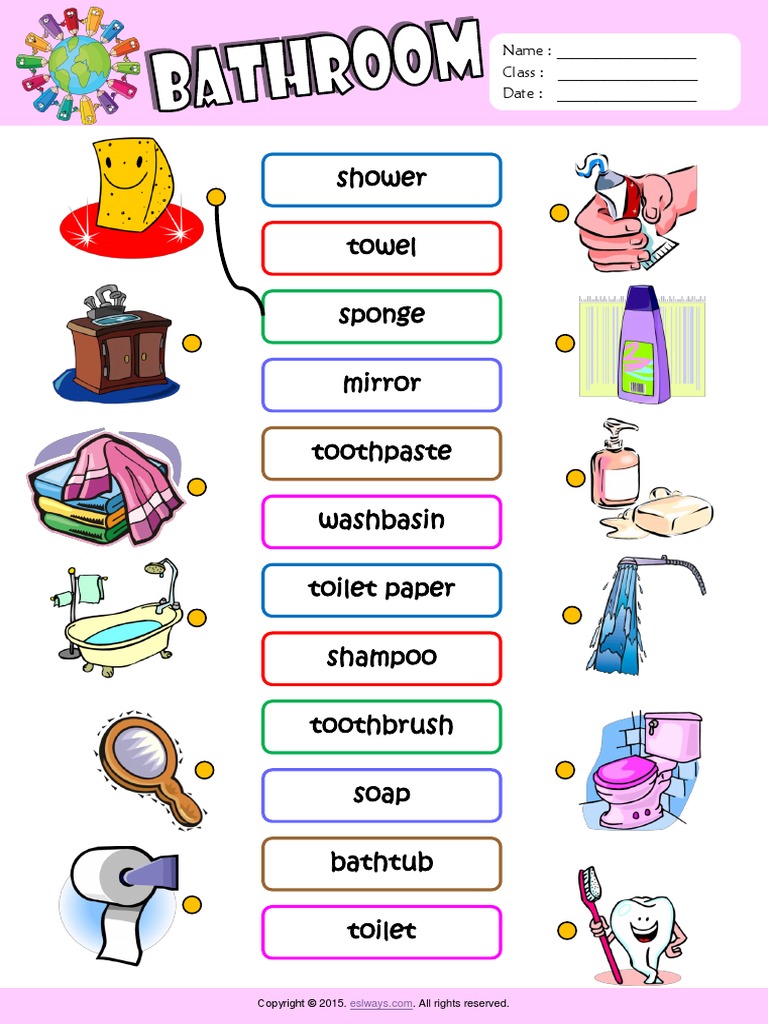 Bathroom Esl Vocabulary Matching Exercise Worksheet For Kids | PDF ...