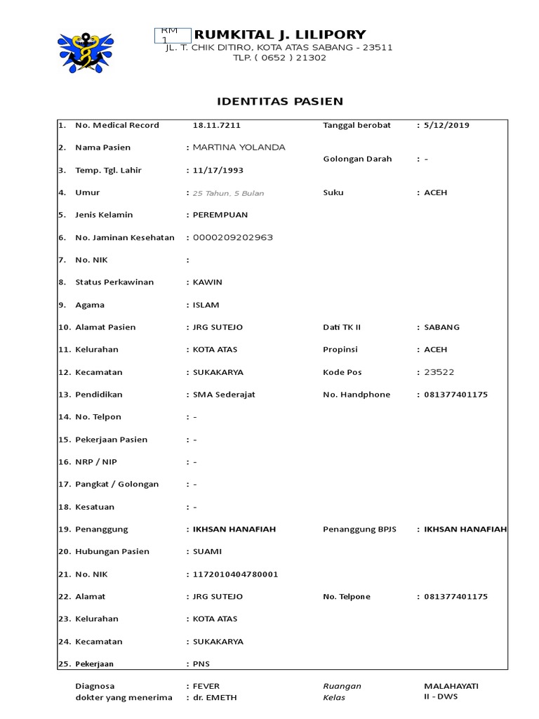 Identitas Pasien di Rumkital J. Lilipory | PDF