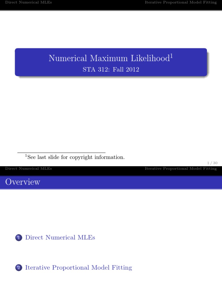 Numerical Maximum Likelihood: STA 312: Fall 2012 | PDF | Statistical ...