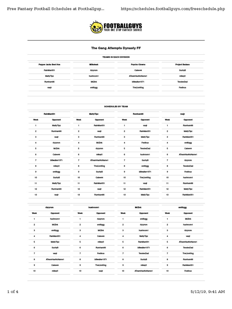Free Fantasy Football Schedules at Footballguy... : The Gang Attempts ...