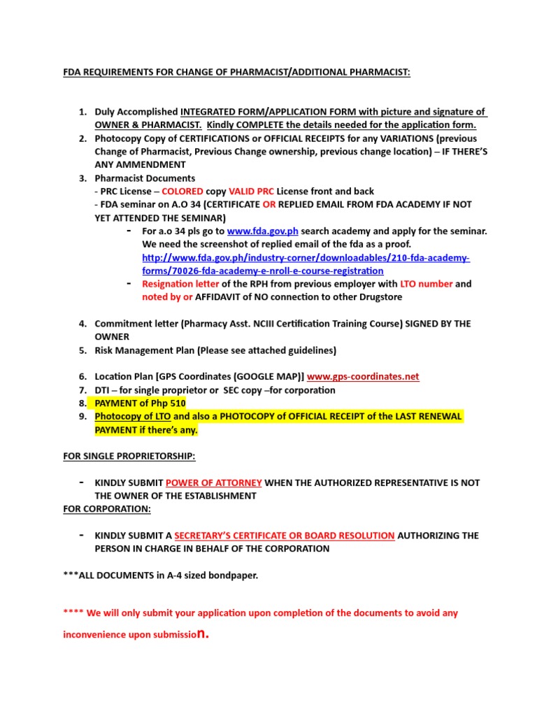 FDA Change of Pharmacist Requirements | PDF