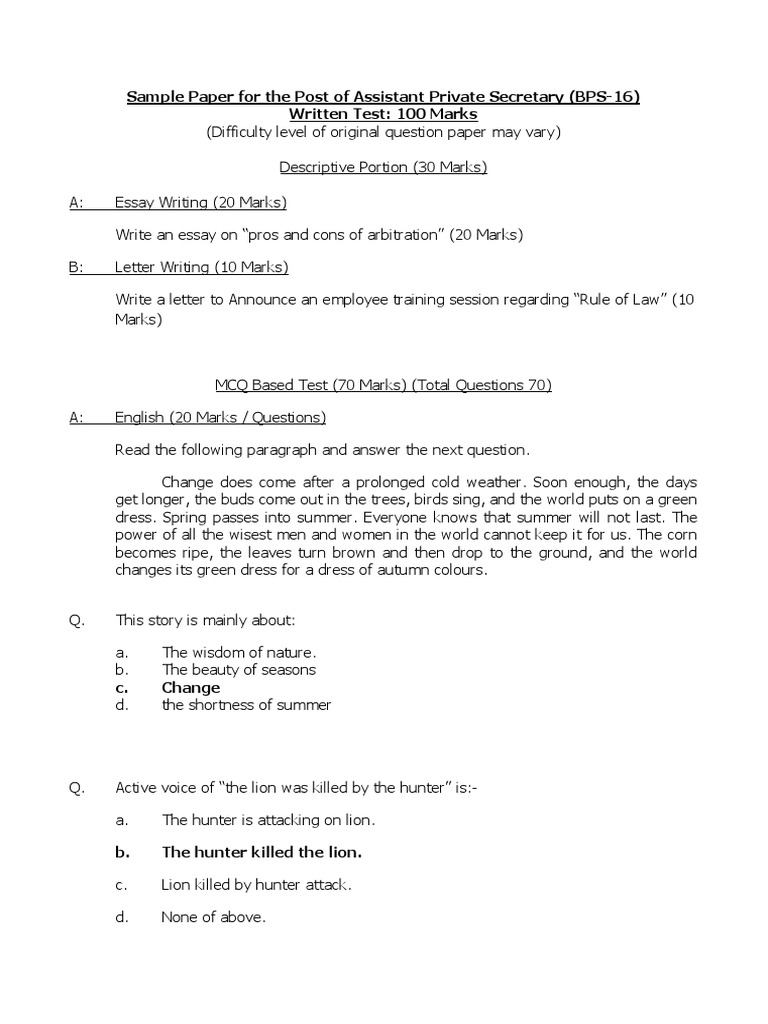 Assistant Private Secretary Test Sample | PDF