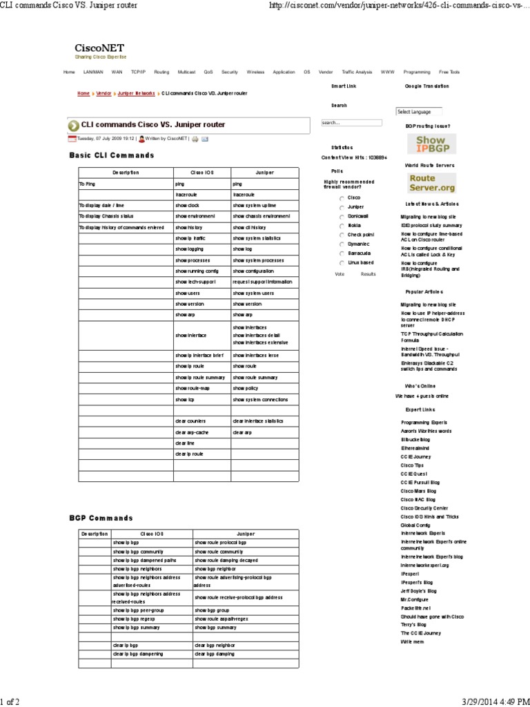 CLI Commands Cisco VS Juniper PDF | PDF | Router (Computing) | Internet ...