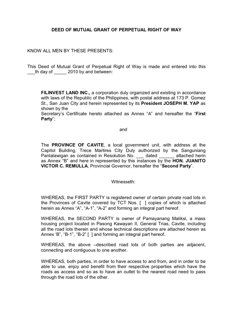 Deed of Mutual Grant of Perpetual Right of Way | PDF | Civil Law ...