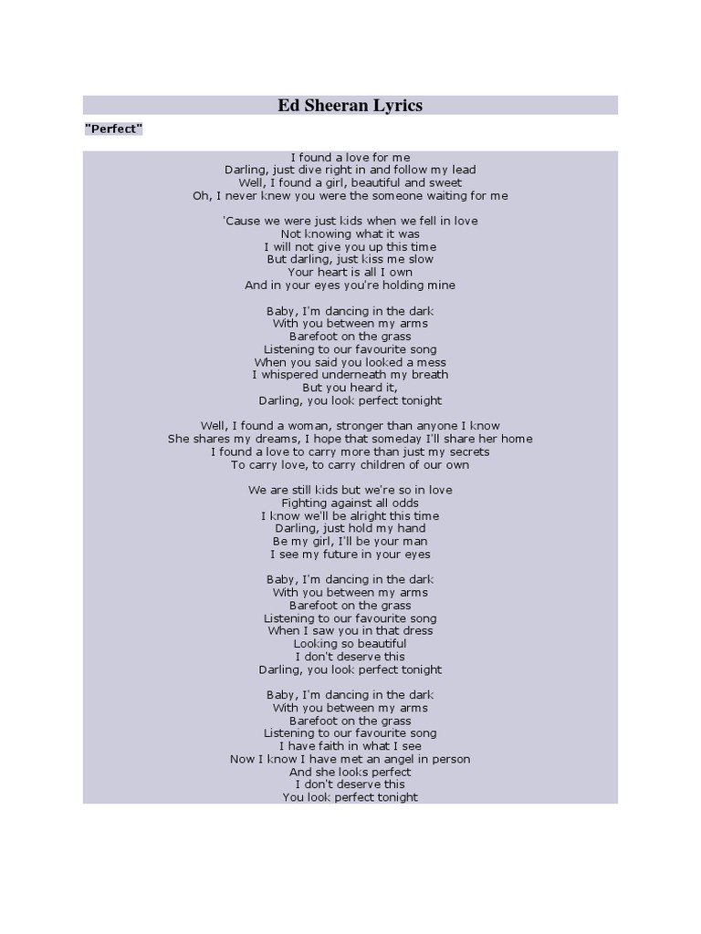 Ed Sheeran Lyrics: "Perfect" | PDF | Recorded Music | Songs