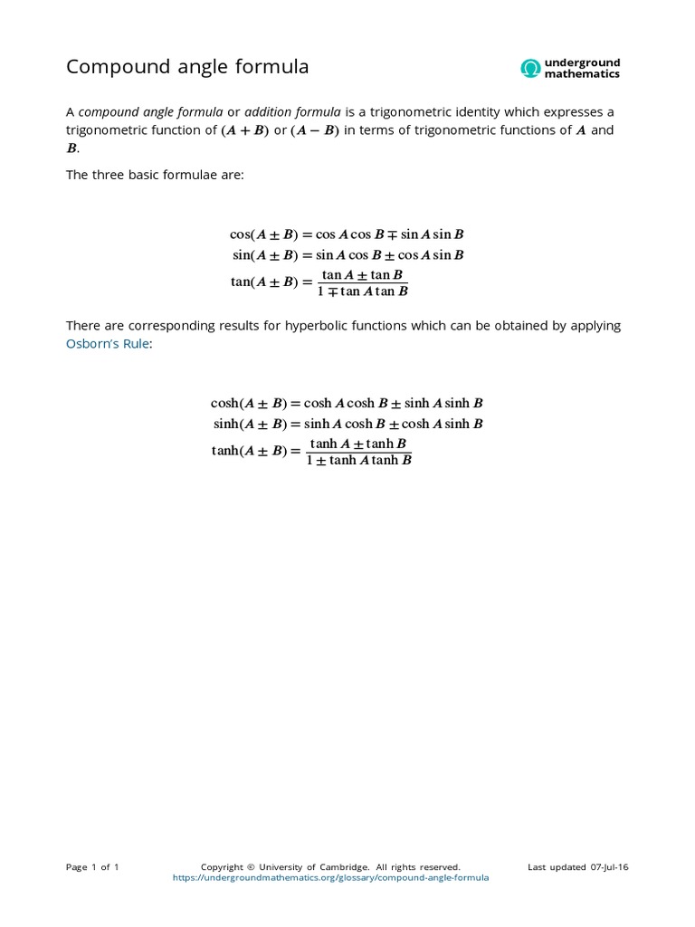 Compound Angle Formula | PDF