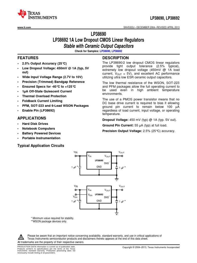 LP38690 LP38692 1A Low Dropout CMOS Linear Regulators: Stable With Ceramic Output Capacitors ...