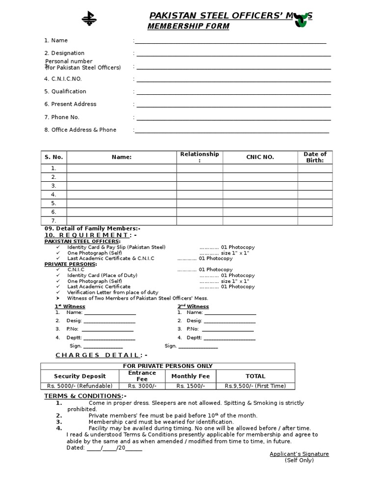 Pakistan Steel Officers' Mess: Membership Form | PDF | Official ...