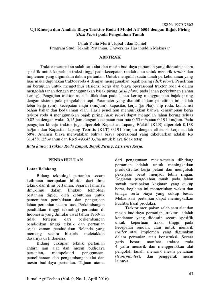 Uji Kinerja Dan Analisis Biaya Traktor Roda 4 Model at 6504 Dengan ...