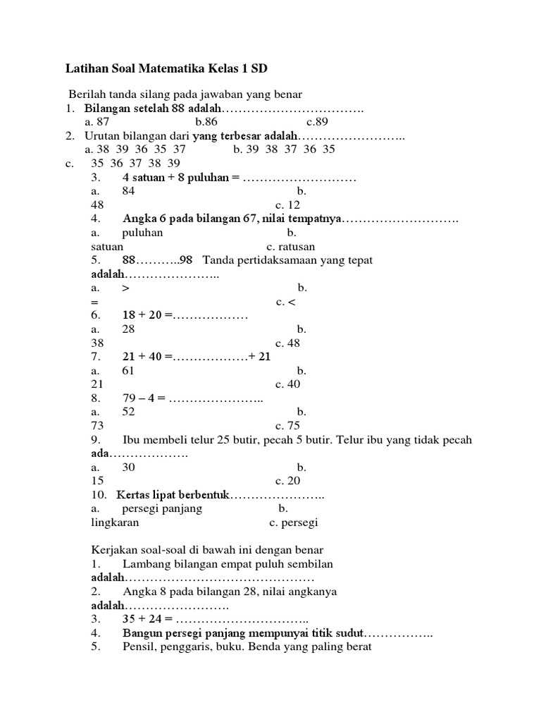 Latihan Soal Matematika Kelas 1 SD | PDF