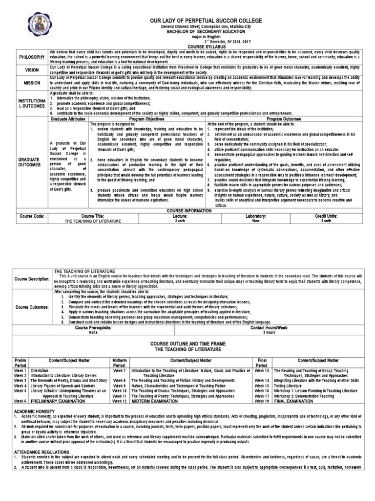 The Teaching of Literature Course Syllabus | PDF | Lesson Plan | Teachers