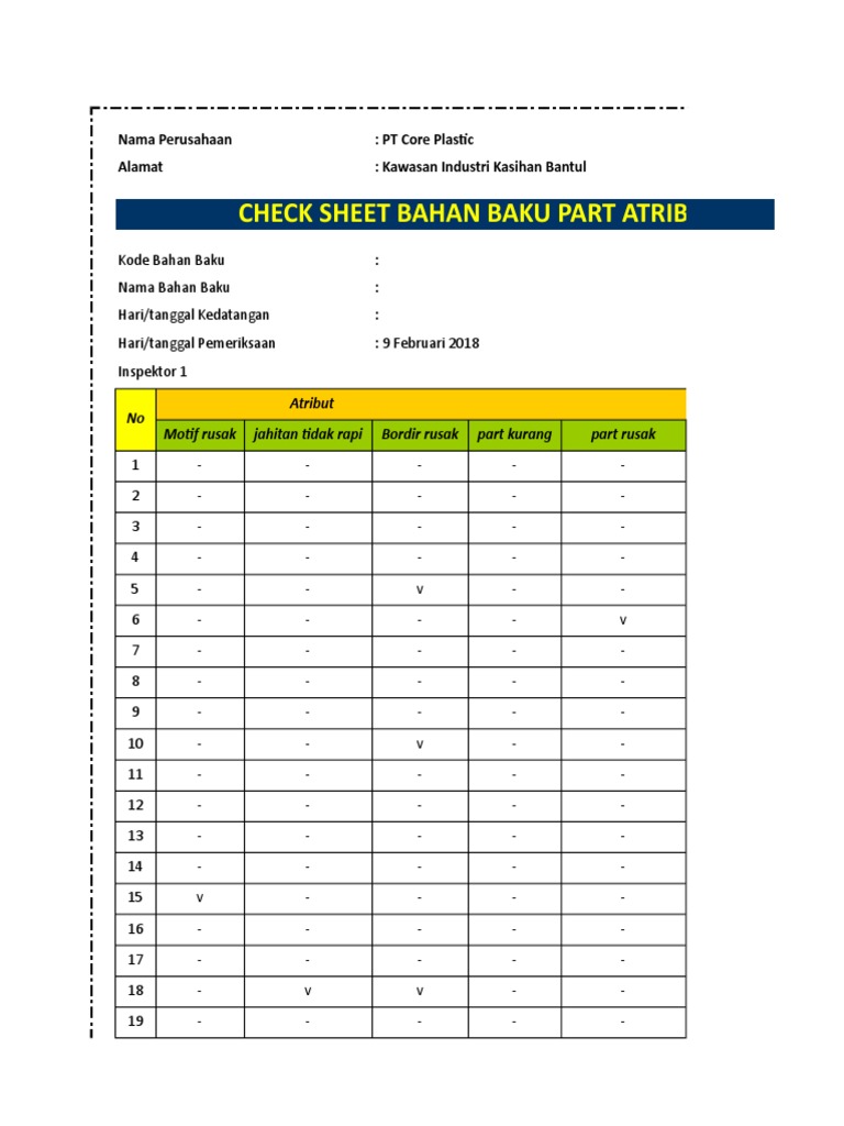 Check Sheet Bahan Baku Part Atribut: Nama Perusahaan: PT Core Plastic ...