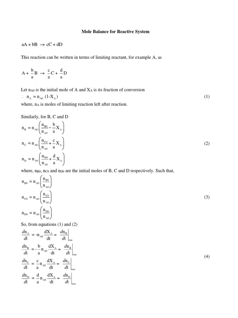 Mole Balance For Reactive System | PDF | Chemistry | Physical Sciences