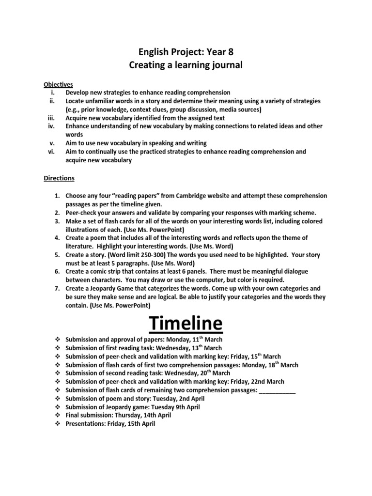 Year 8 English Reading Project Guide | PDF | Reading Comprehension ...