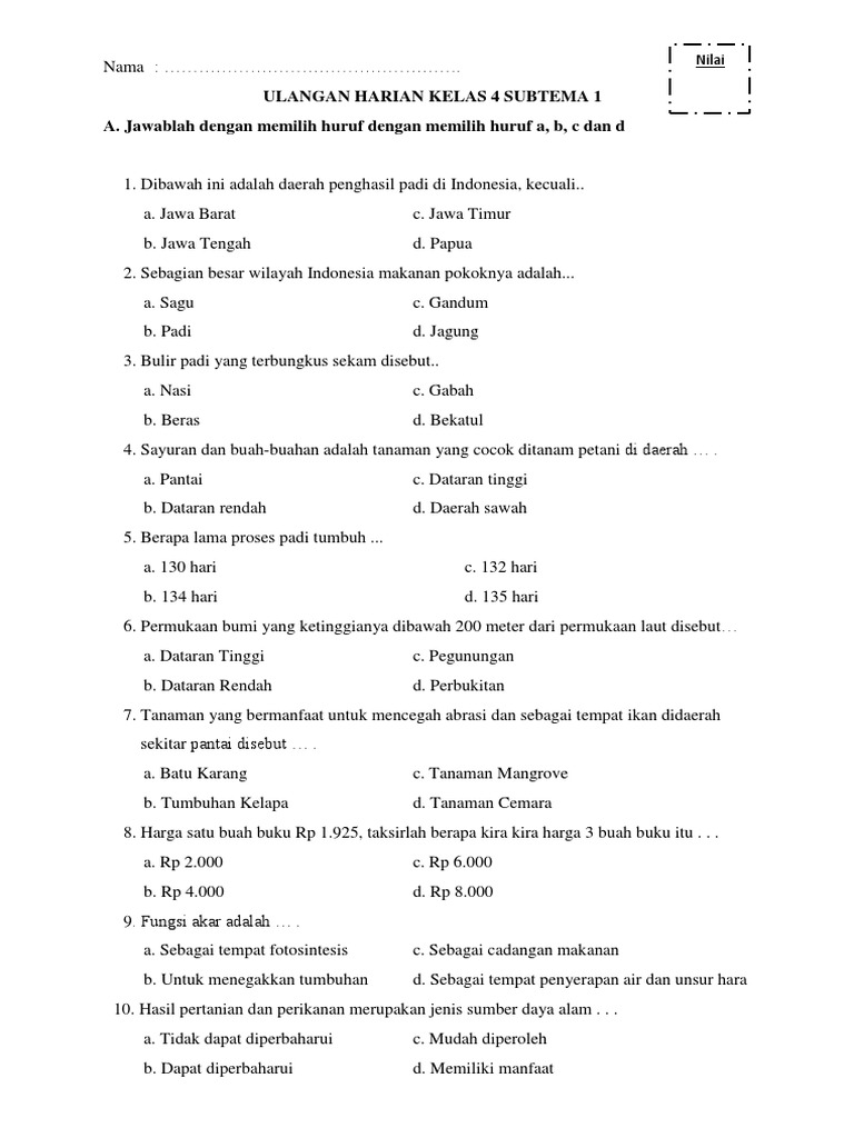 UH Kelas 4 Subtema 1 | PDF