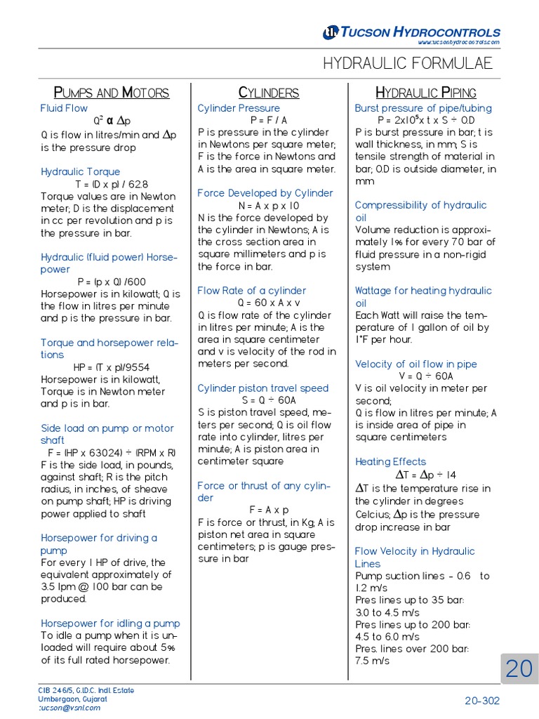 Hydraulic Formulas Pumps Motors Cylinders and Piping | PDF | Horsepower | Gas Technologies