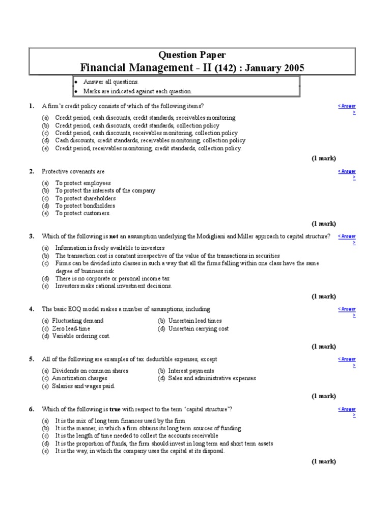 Financial Management - II: Question Paper (142) : January 2005 | PDF ...