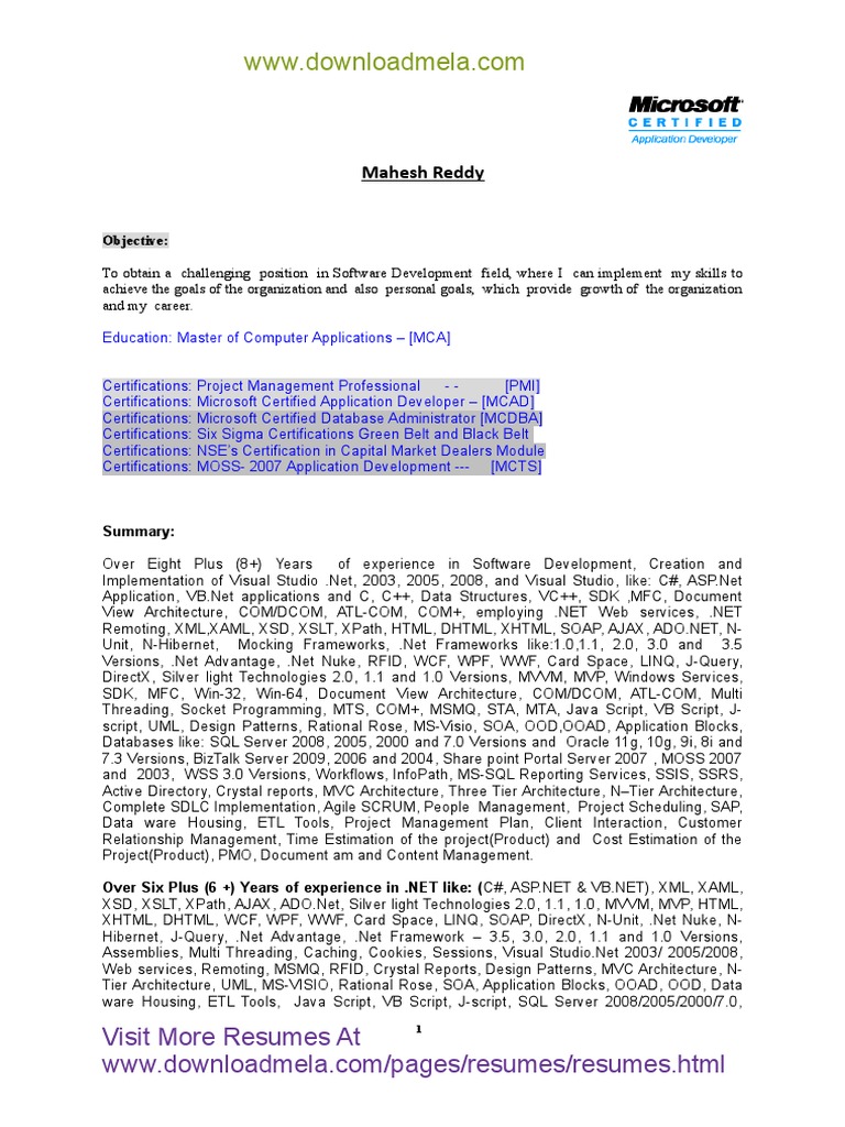 .NET Developer Resume Overview | PDF | Component Object Model ...