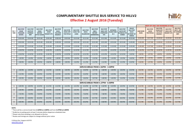 HILLV2 Shuttle Bus New Schedule (Aug 2016) PDF | PDF | Public ...