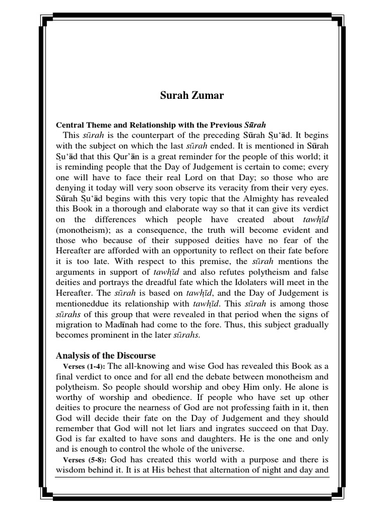 Surah Zumar: Central Theme and Relationship With The Previous Sūrah ...