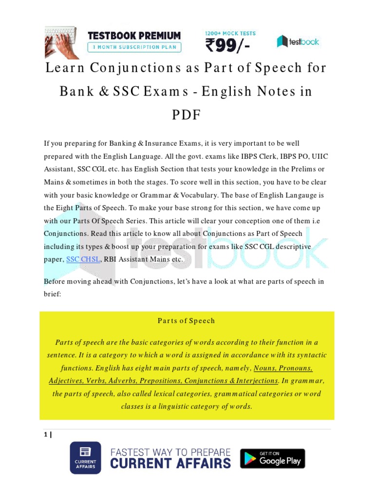 Learn Conjunctions As Part of Speech For Bank 1 | PDF | Part Of Speech ...