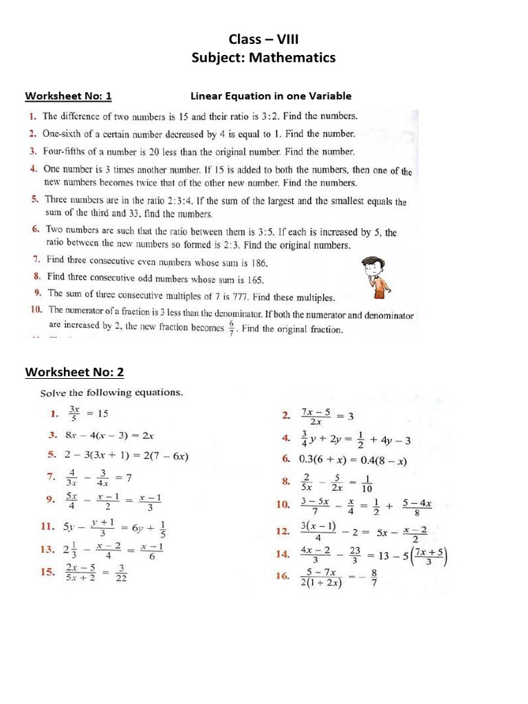 Linear Equations Worksheet for Class VIII | PDF