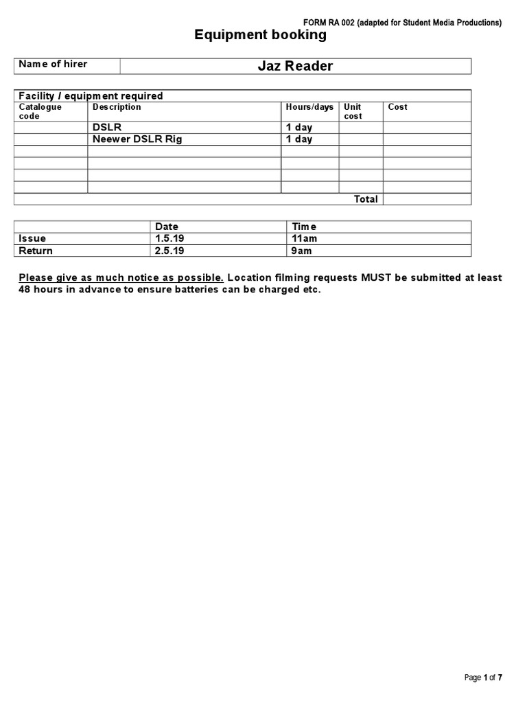 Equipment Booking Sheet | PDF | Hazards | Risk