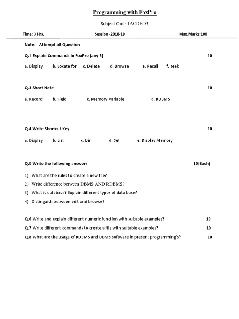 FoxPro Programming Exam Guide | PDF | Computers
