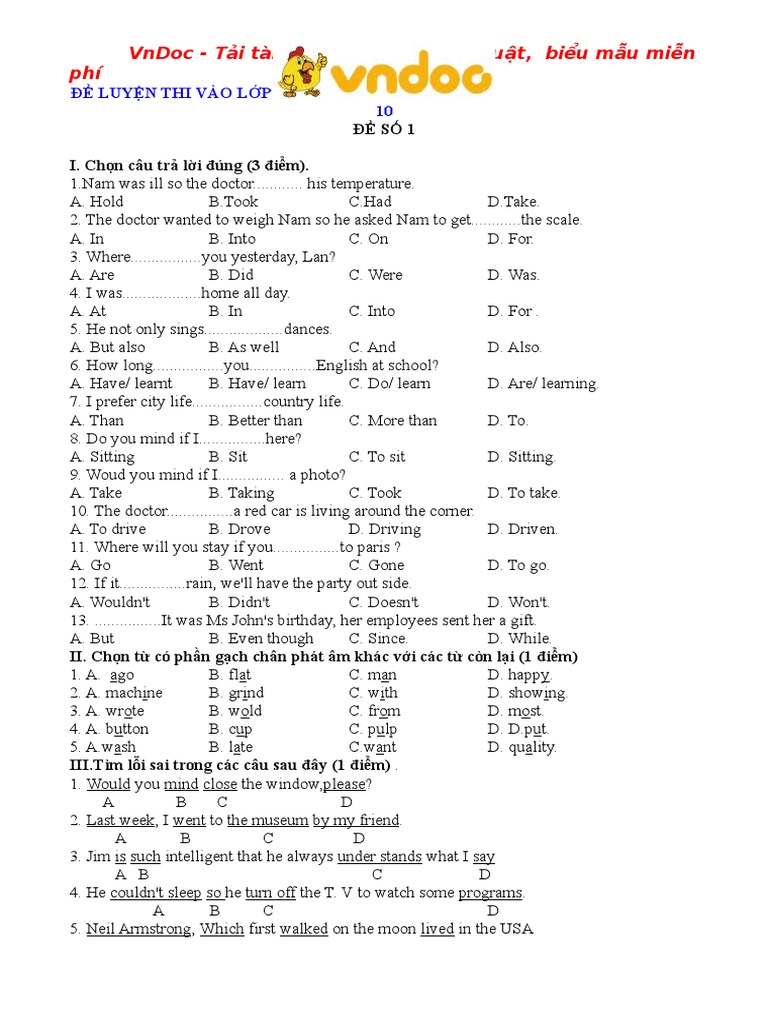 De Luyen Thi Vao Lop 10 Mon Tieng Anh Nam Hoc 2019 | PDF | Thomas ...