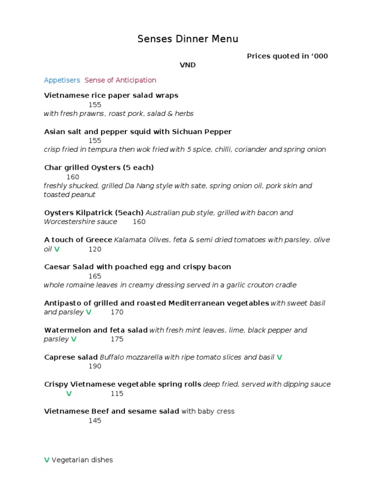 New Senses Dinner Menu | PDF | Vietnamese Cuisine | Pizza
