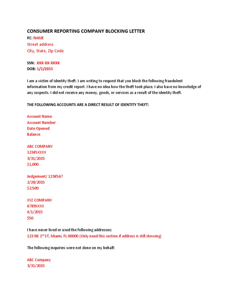Identity Theft Credit Report Blocking Letter | PDF