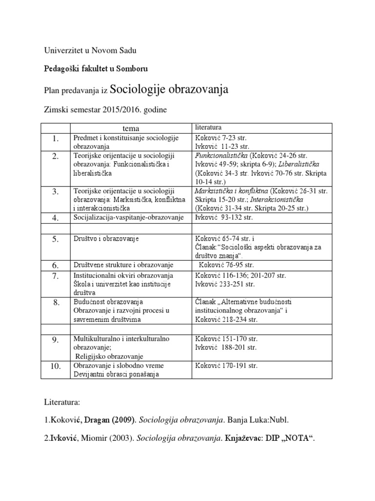 Sociologija Obrazovanja Teme Literatura Pitanja | PDF