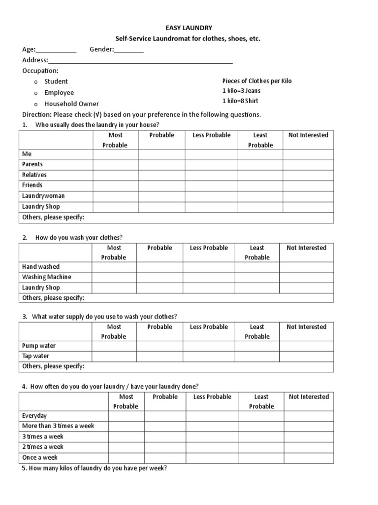 Survey Questionnaire Sample | PDF | Laundry | Cleaning