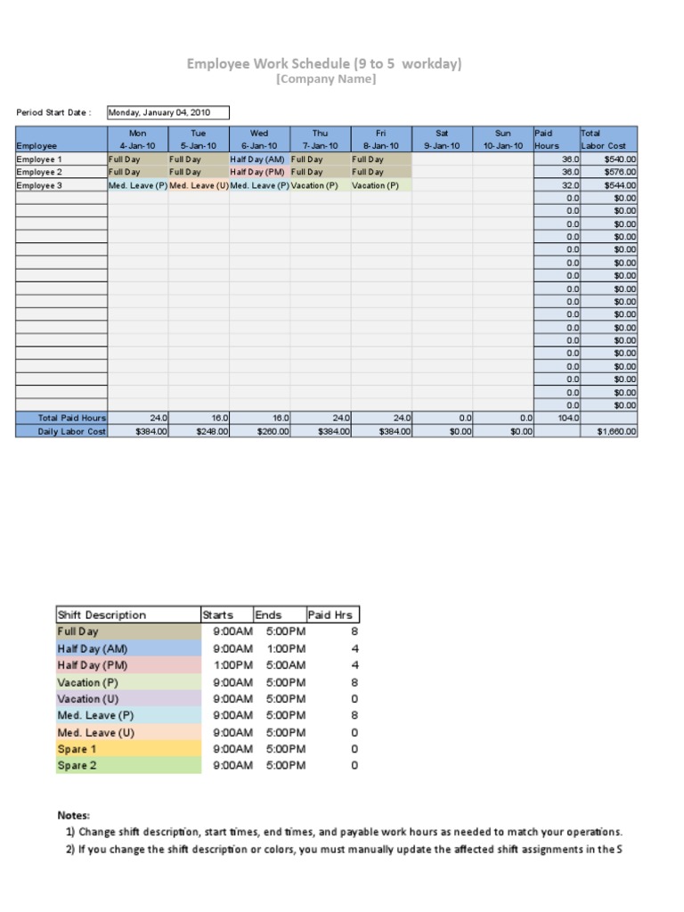 Employee Work Schedule (9 To 5 Workday) : (Company Name) | PDF ...