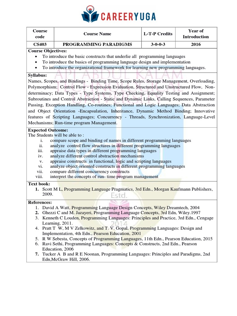Programming Paradigm Ktu Syllabus Pdf Scope Computer Science Programming Language