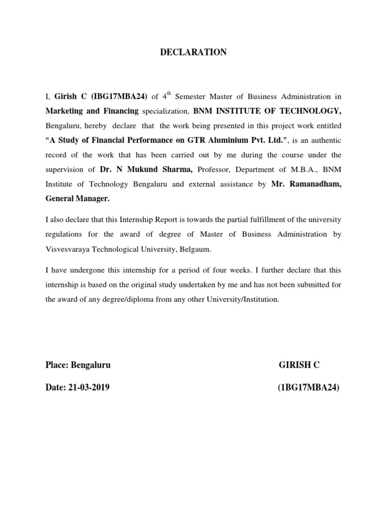 Declaration: Marketing and Financing Specialization, BNM INSTITUTE OF ...