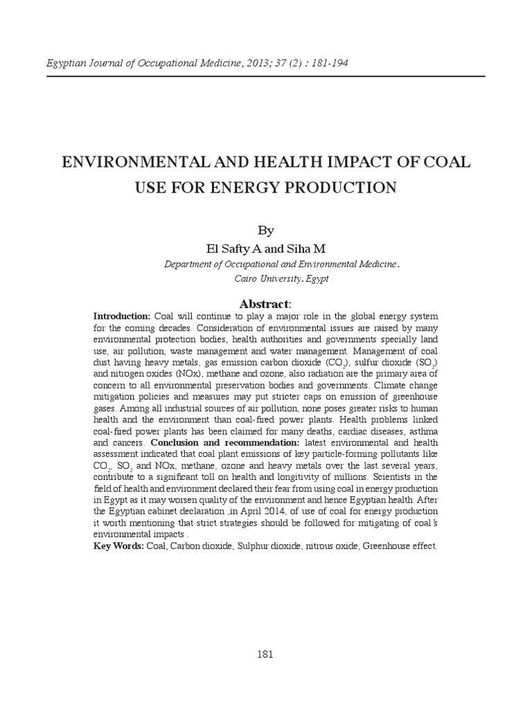 Environmental and Health Impact of Coal Use For Energy Production | PDF ...