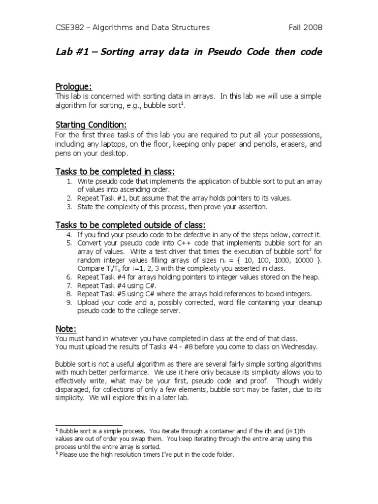 Lab 1 Sorting Array Data In Pseudo Code Then Code Prologue Pdf 4841